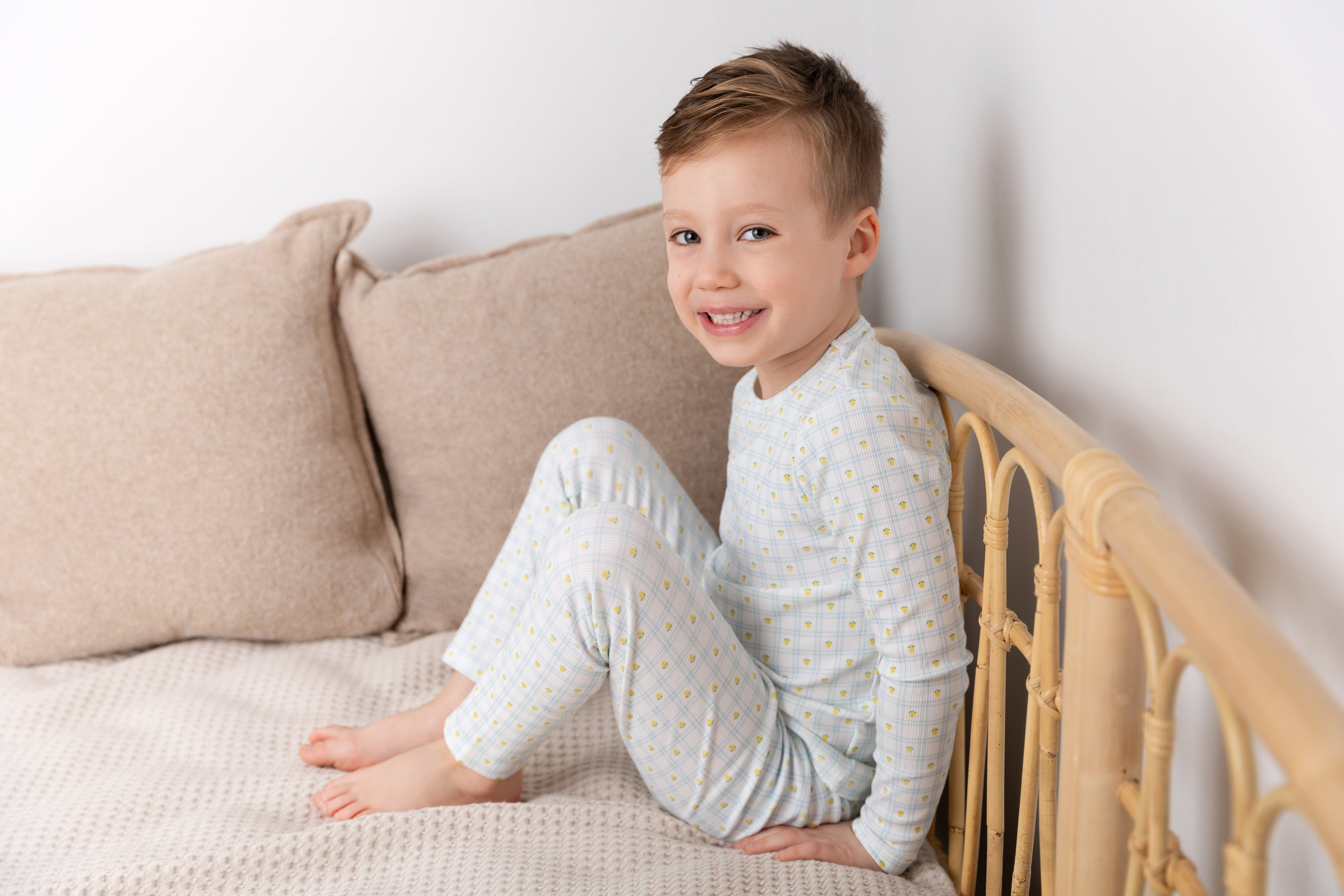 Boys Lemon Plaid Pajama Set Soft Ribbed Warm Weather Sleepwear – Adee